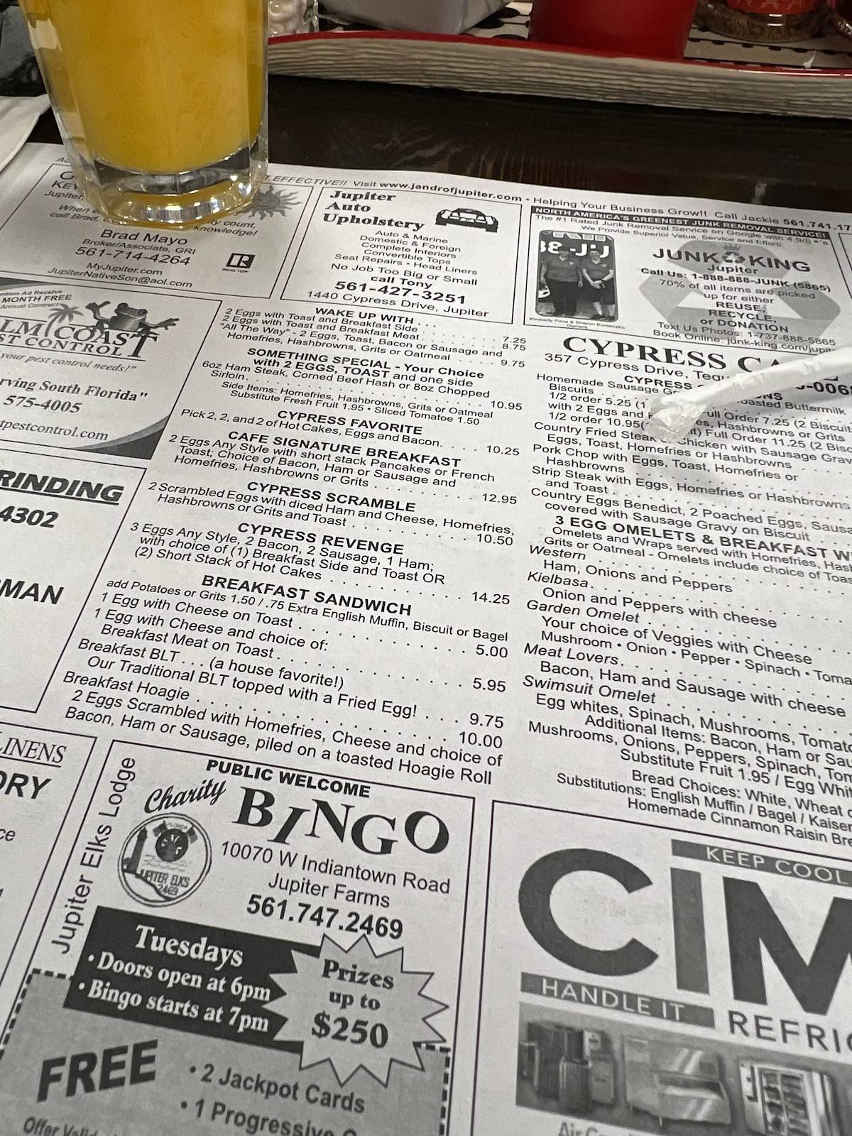 Menu at Cypress Cafe, Jupiter