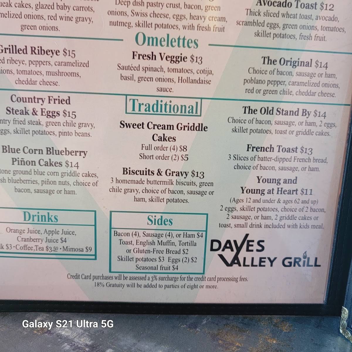 Menu at Dave's Valley Grill cafe, Los Ranchos de Albuquerque