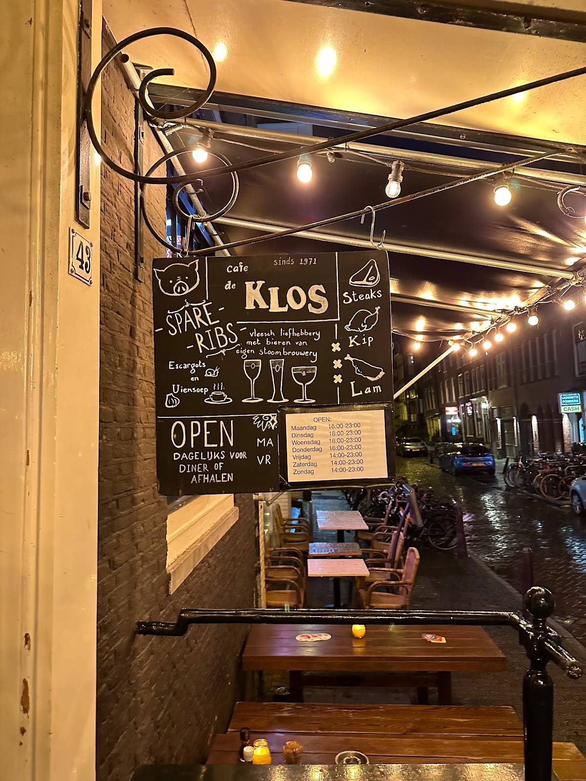 Menu at Cafe De Klos, Amsterdam