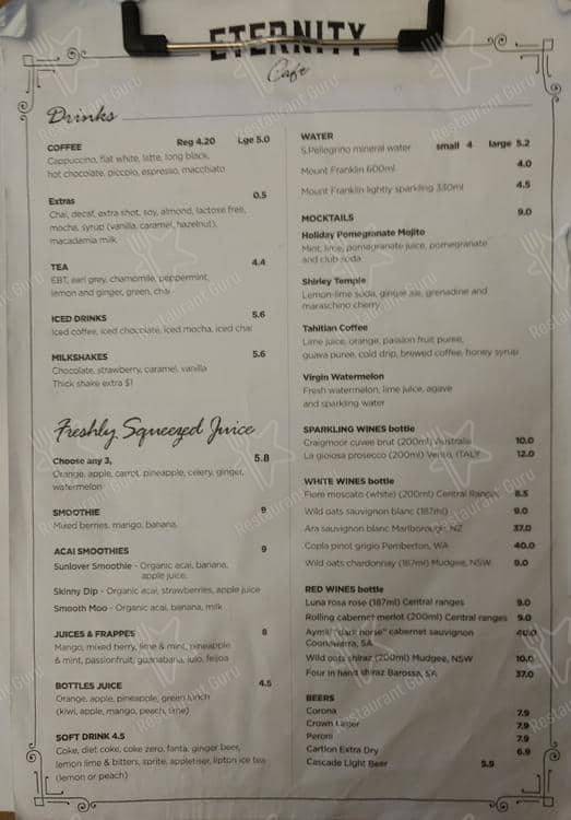 Menu at Eternity Cafe Town Hall Station, Sydney