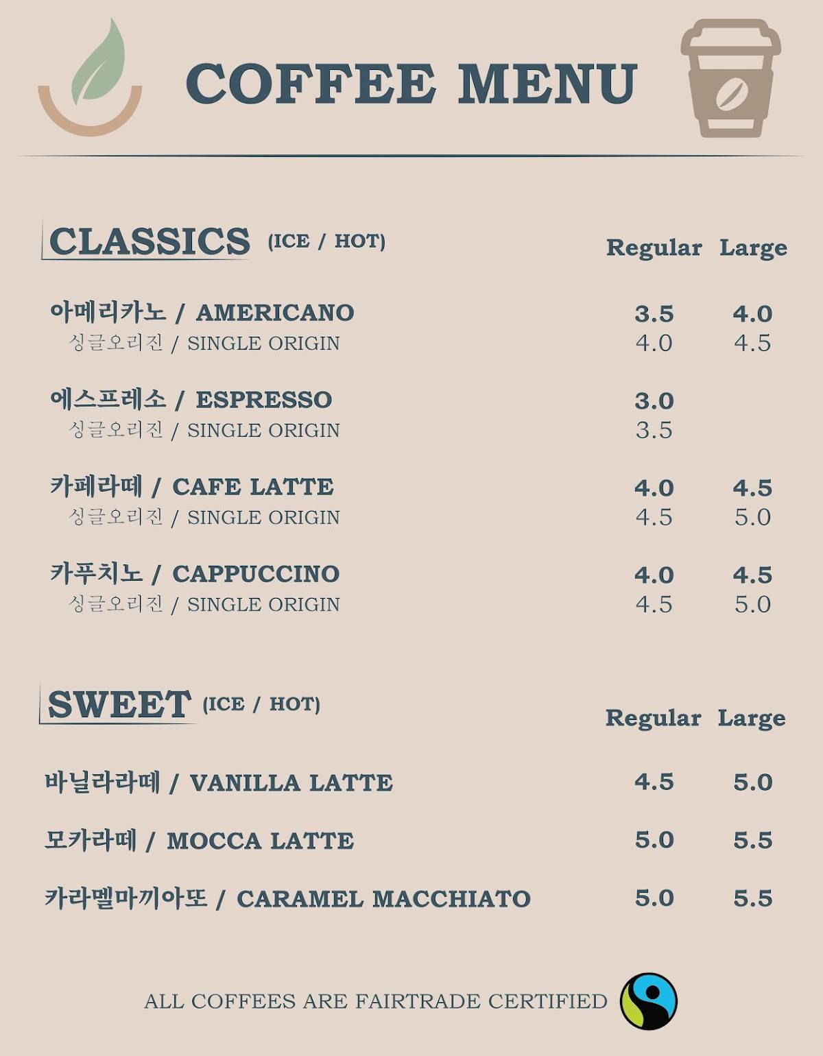 Menu at Fair Trade Cafe, Seoul