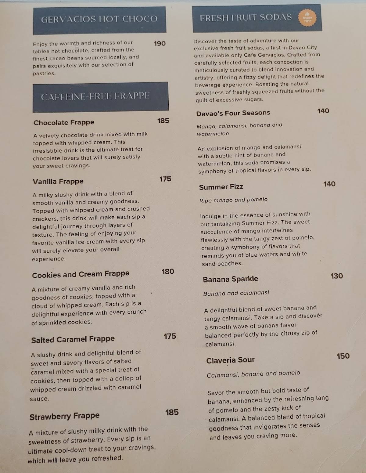 Menu at Cafe Gervacios - Pastry and Coffee in Davao City, Davao City