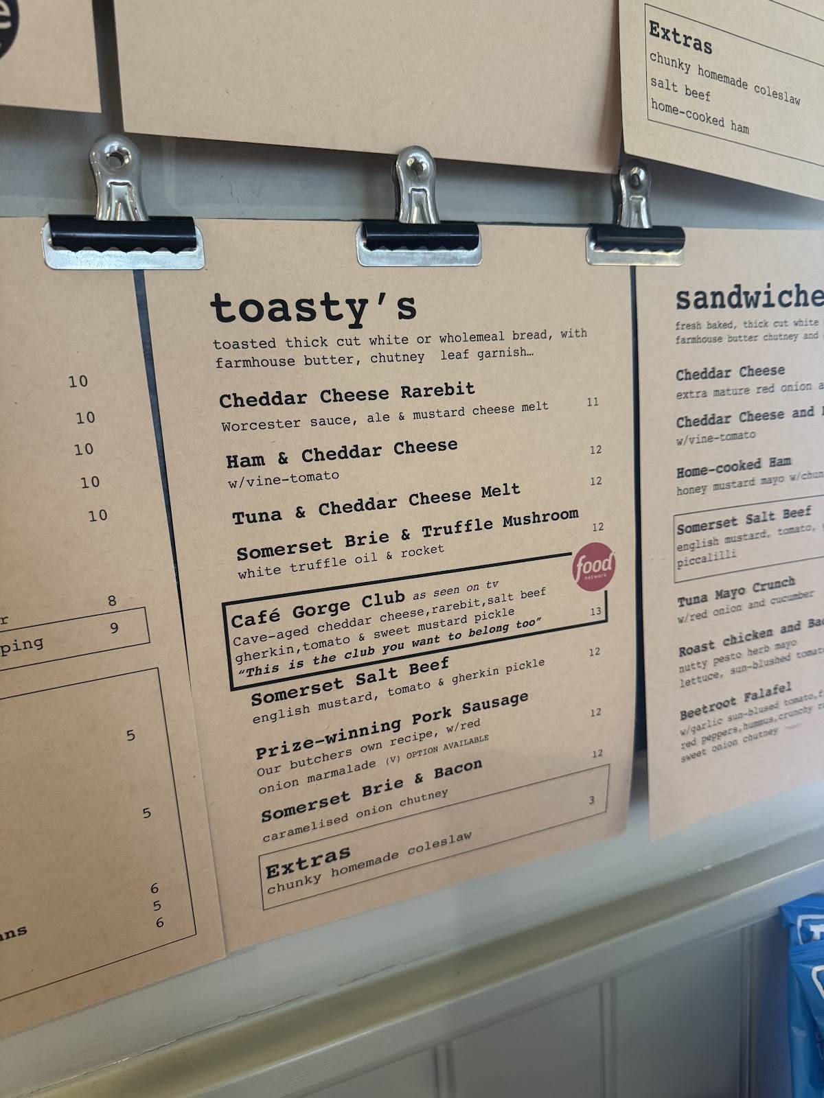 Menu at Cafe Gorge, Cheddar