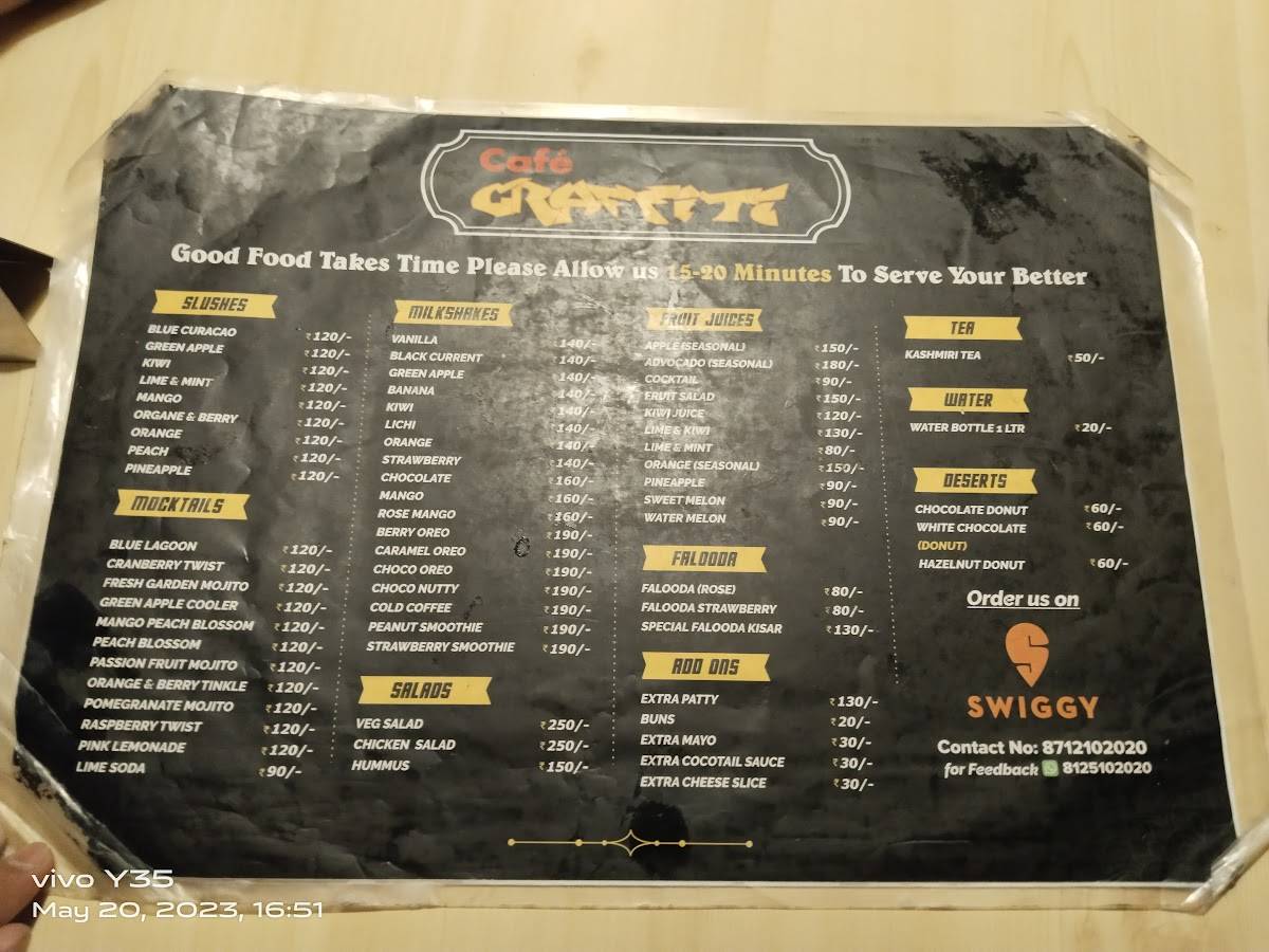 Menu at Cafe Graffiti, Hyderabad, 8-2-672