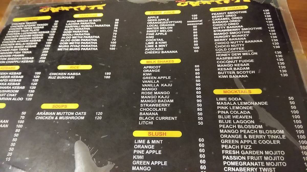Menu at Cafe Graffiti, Hyderabad, 8-2-672