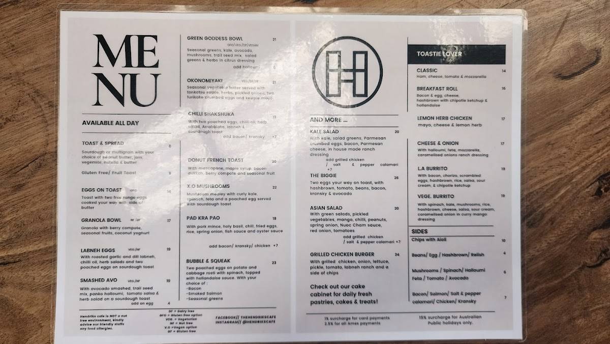 Menu at Hendriks Cafe, Mordialloc