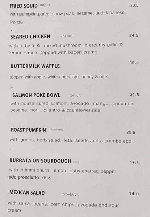 Menu at Hendriks Cafe, Mordialloc