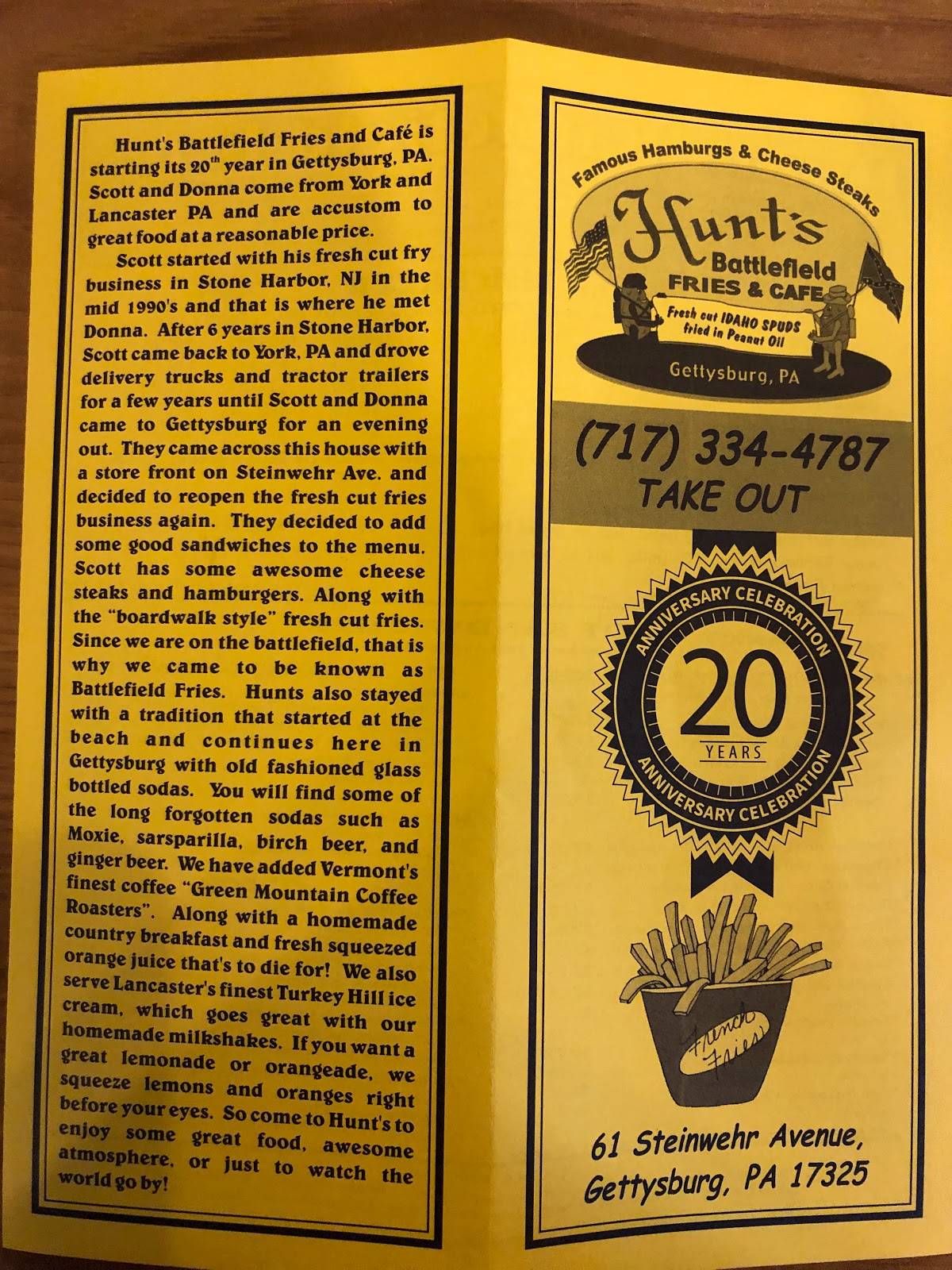 Menu at Hunt's Battlefield Fries cafe, Gettysburg