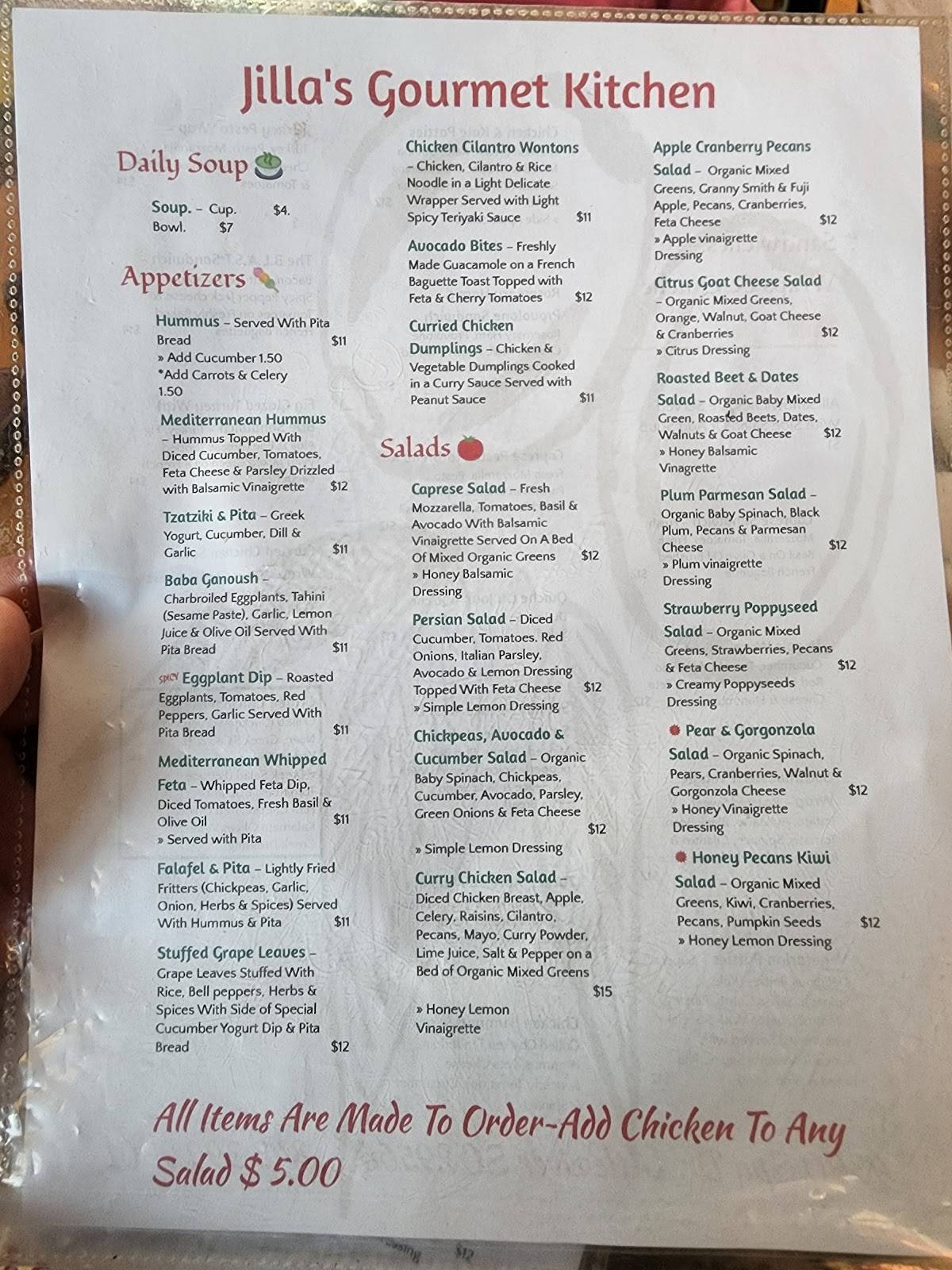 Menu at Jilla's Gourmet kitchen cafe, Little River