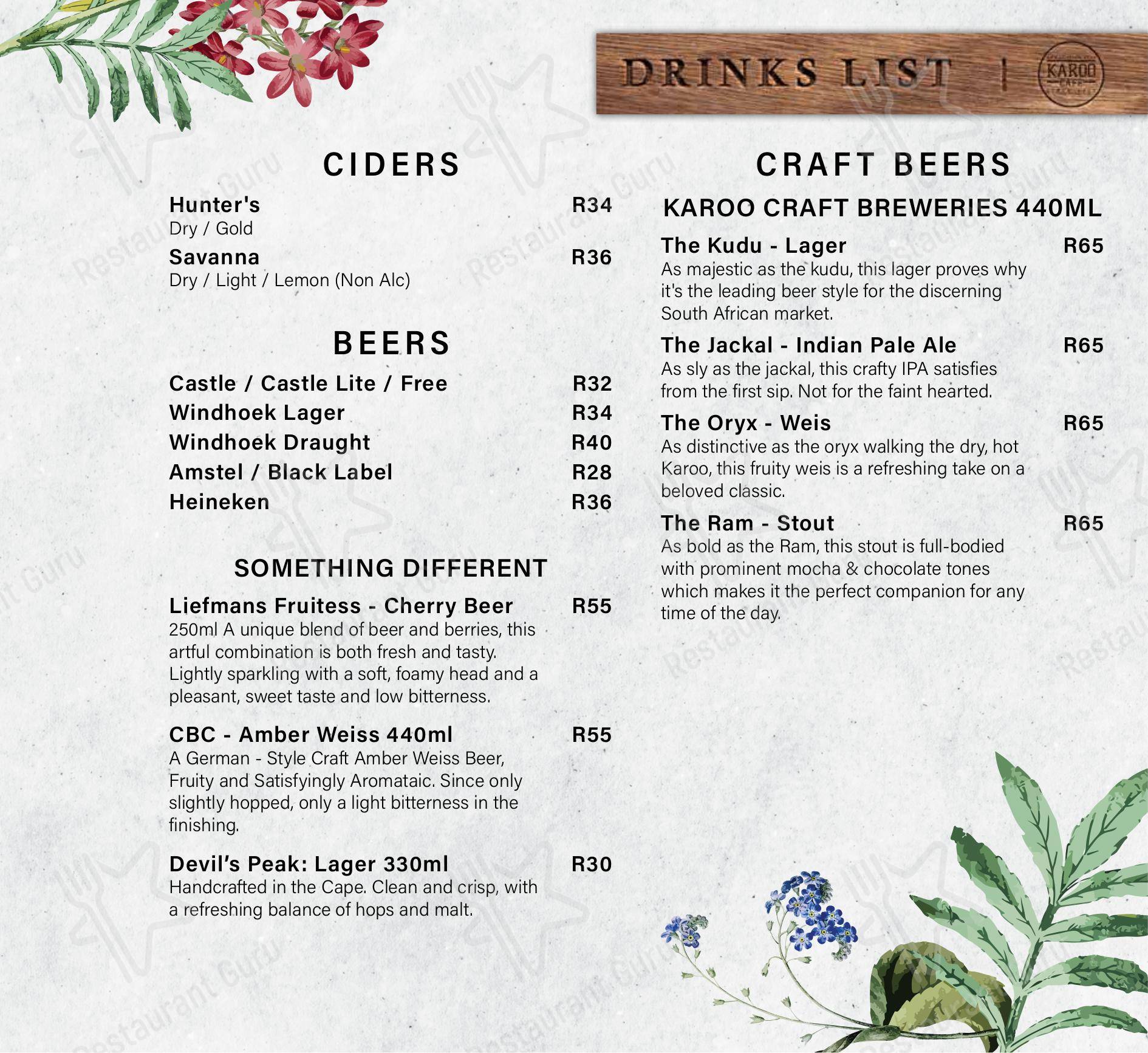 Menu at Karoo Cafe, Pretoria, 141 Lynnwood Rd