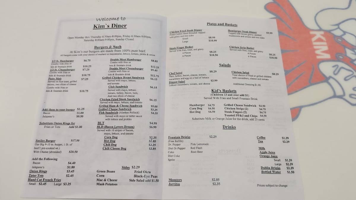 Menu at Kim's Diner cafe, Waco
