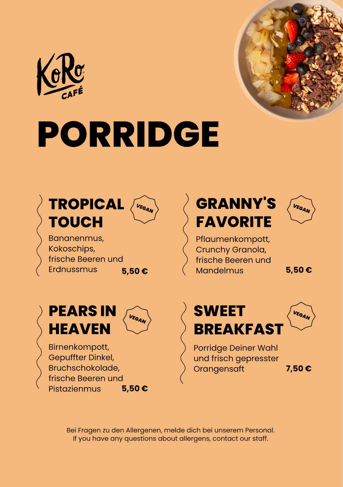 Menu at KoRo Café cafe, Berlin, Rosa-Luxemburg-Straße 7