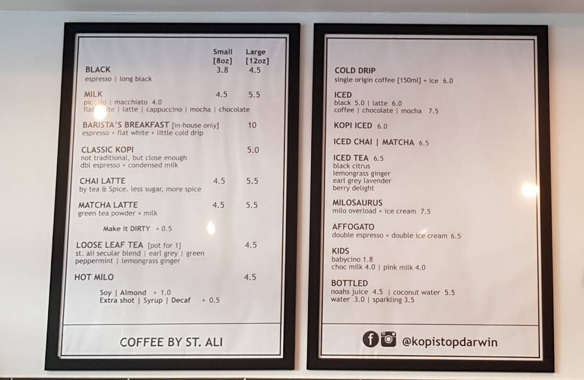 Menu at Kopi Stop cafe, Darwin City