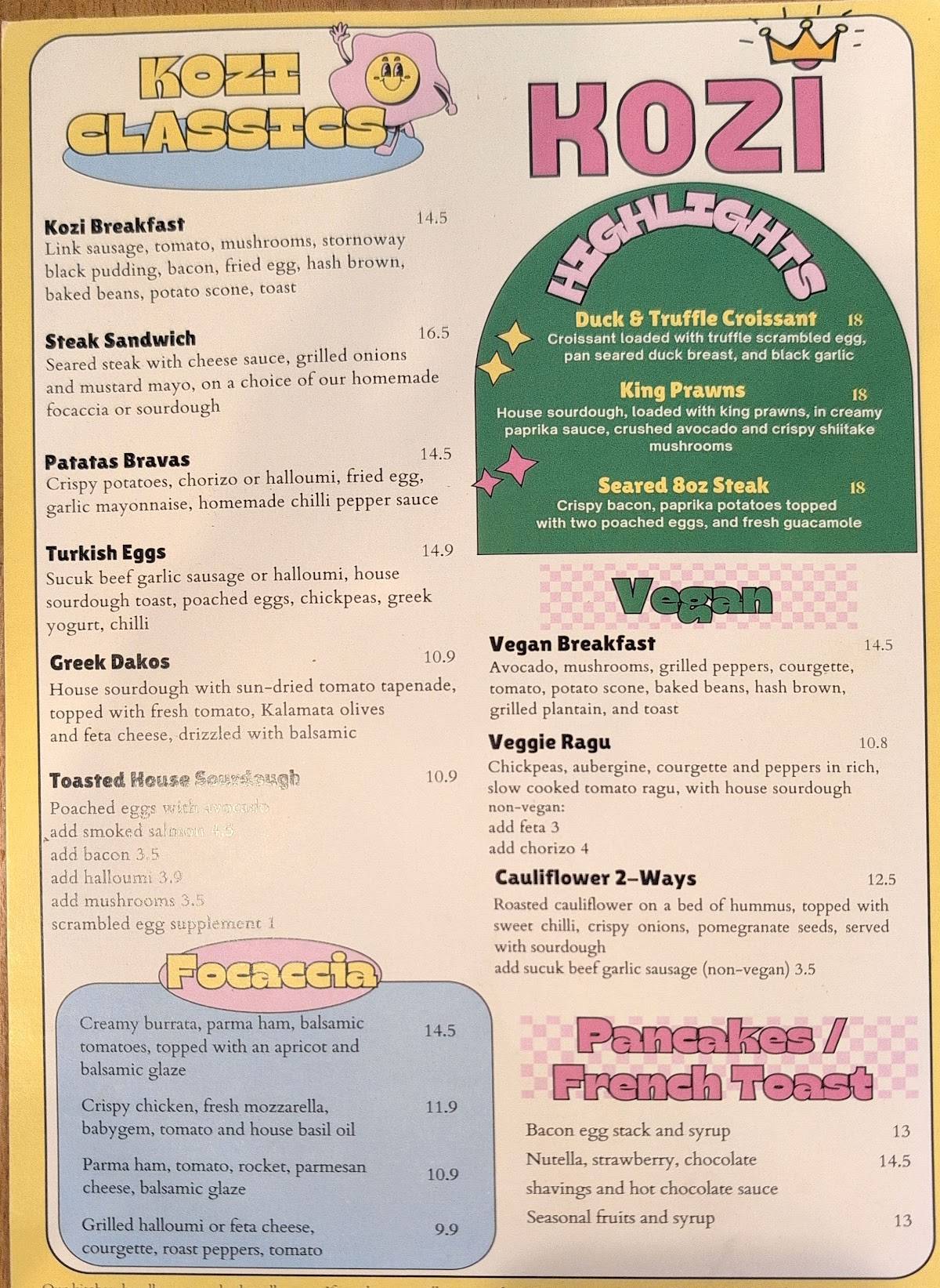 Menu at Kozi Cafe, Glasgow