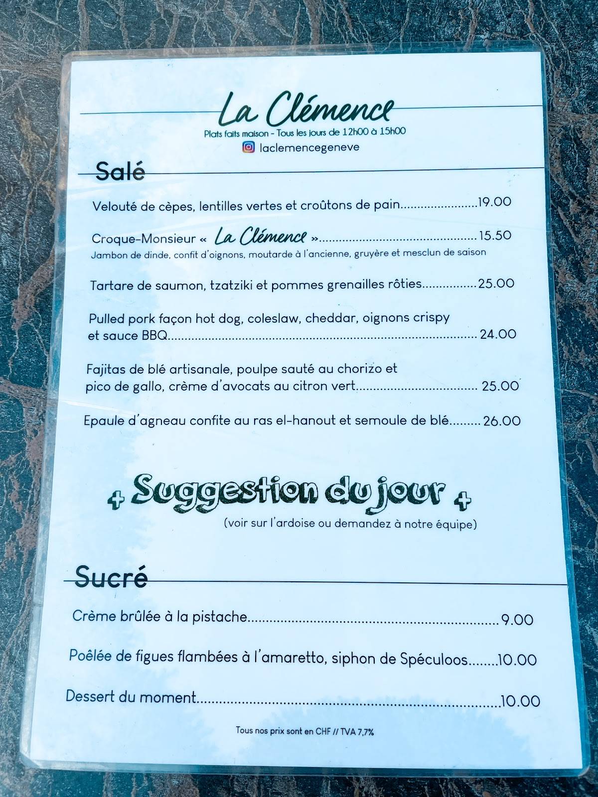 Menu da Café La Clémence, Ginevra, Pl. du Bourg-de-Four 20