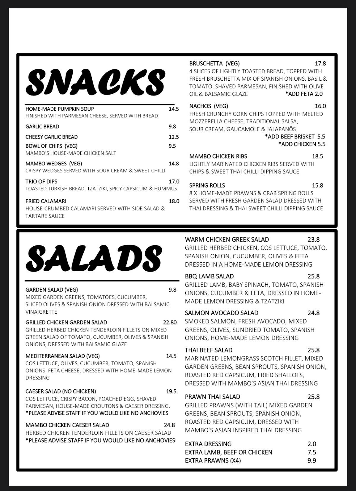 Menu at Cafe Mambo Bar and Lounge, Sunshine