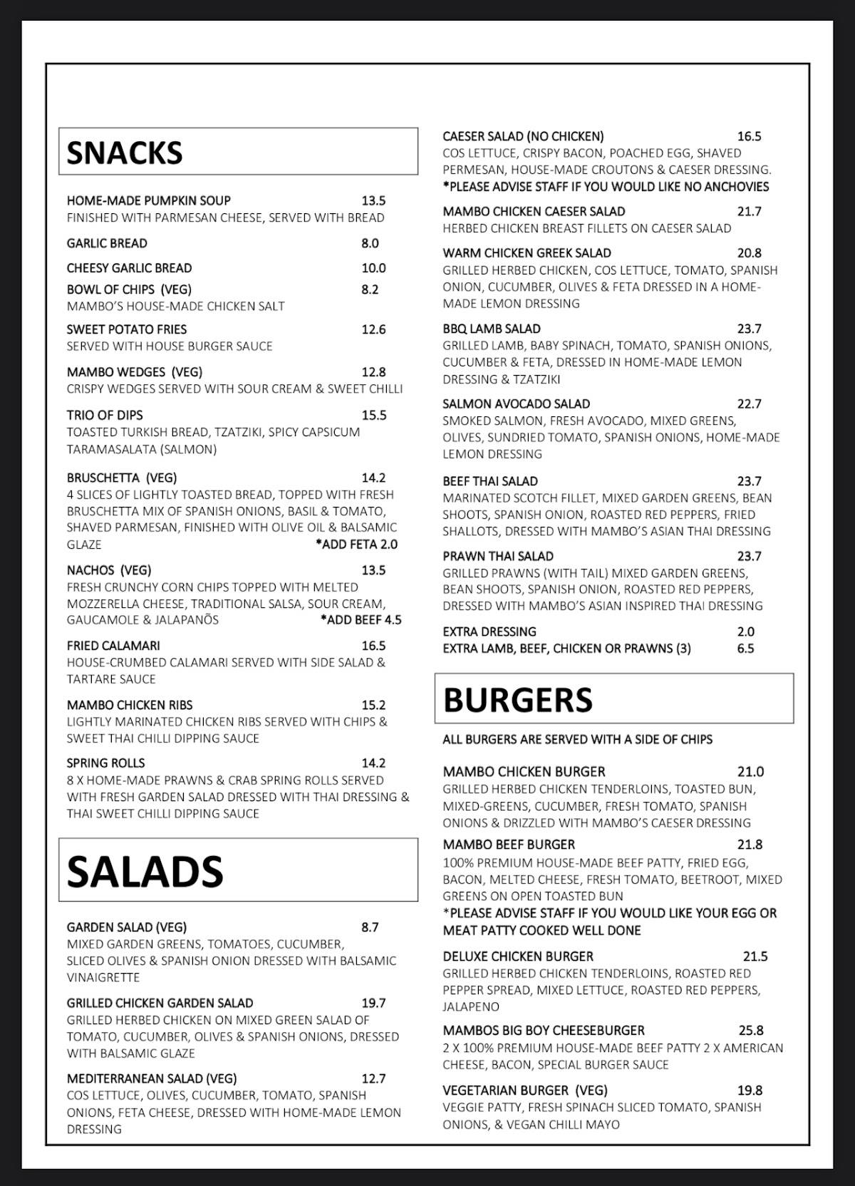 Menu at Cafe Mambo Bar and Lounge, Sunshine