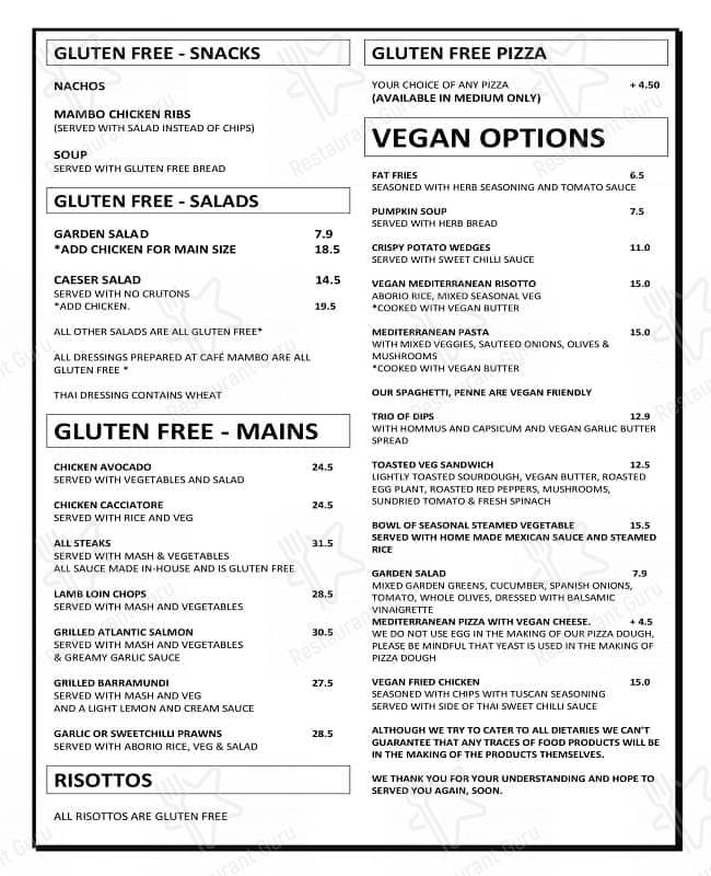 Menu at Cafe Mambo Bar and Lounge, Sunshine
