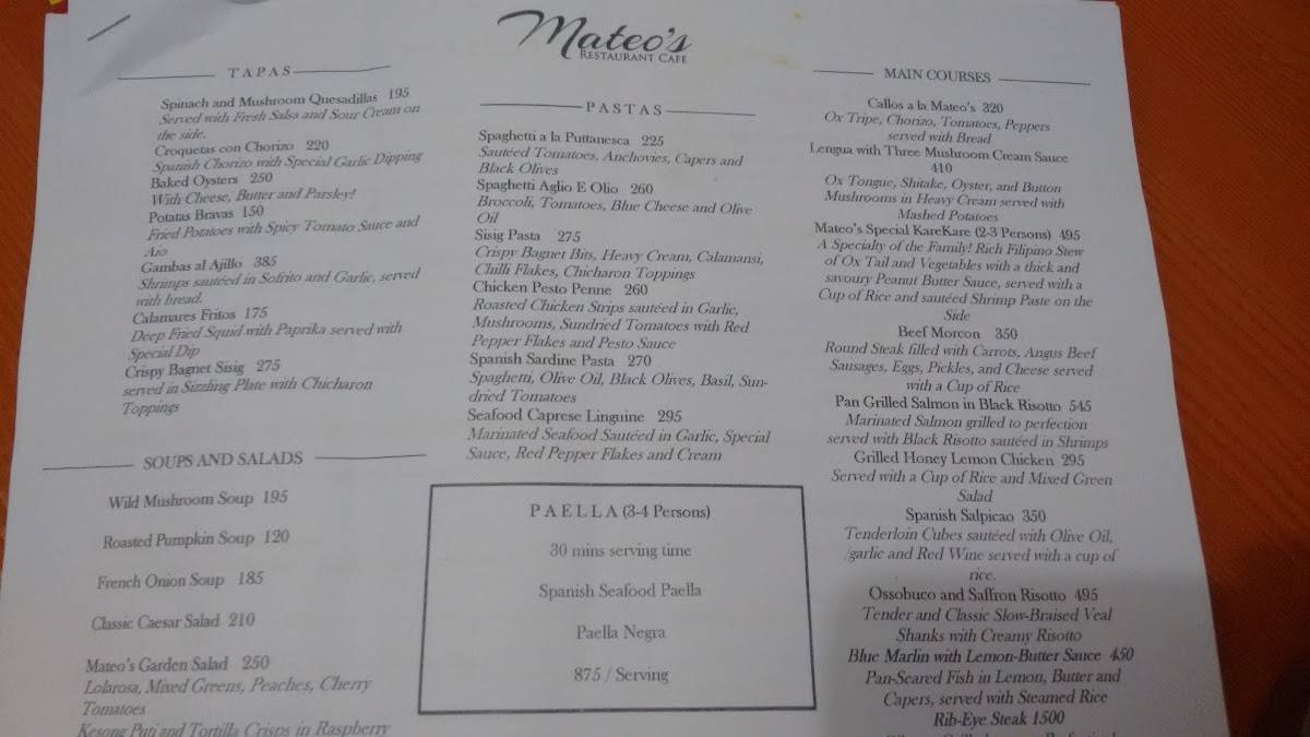 Menu at Mateo’s cafe, Quezon City