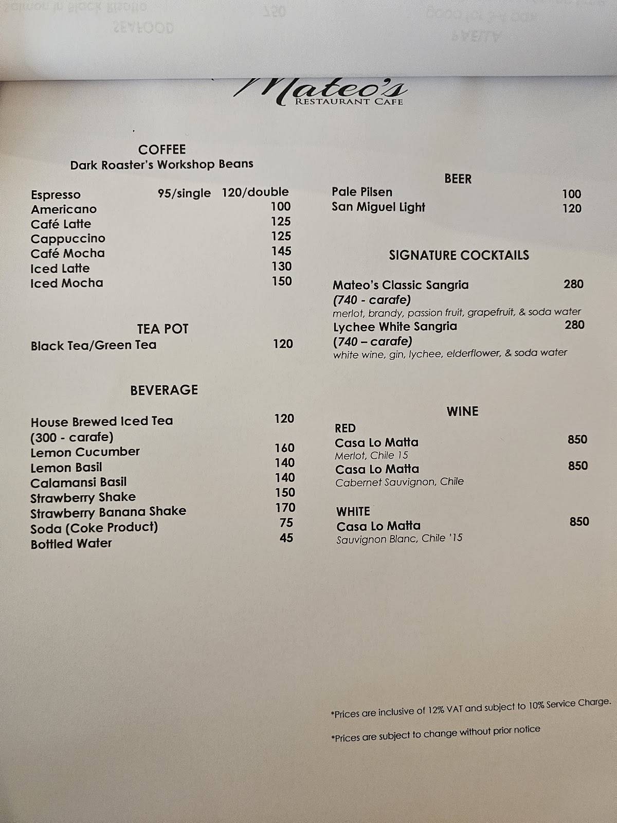Menu at Mateo’s cafe, Quezon City