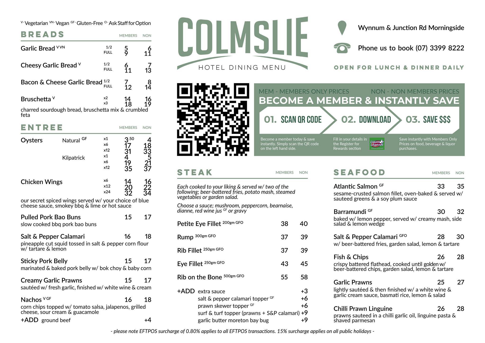 Menu at The Colmslie Hotel pub & bar, Morningside