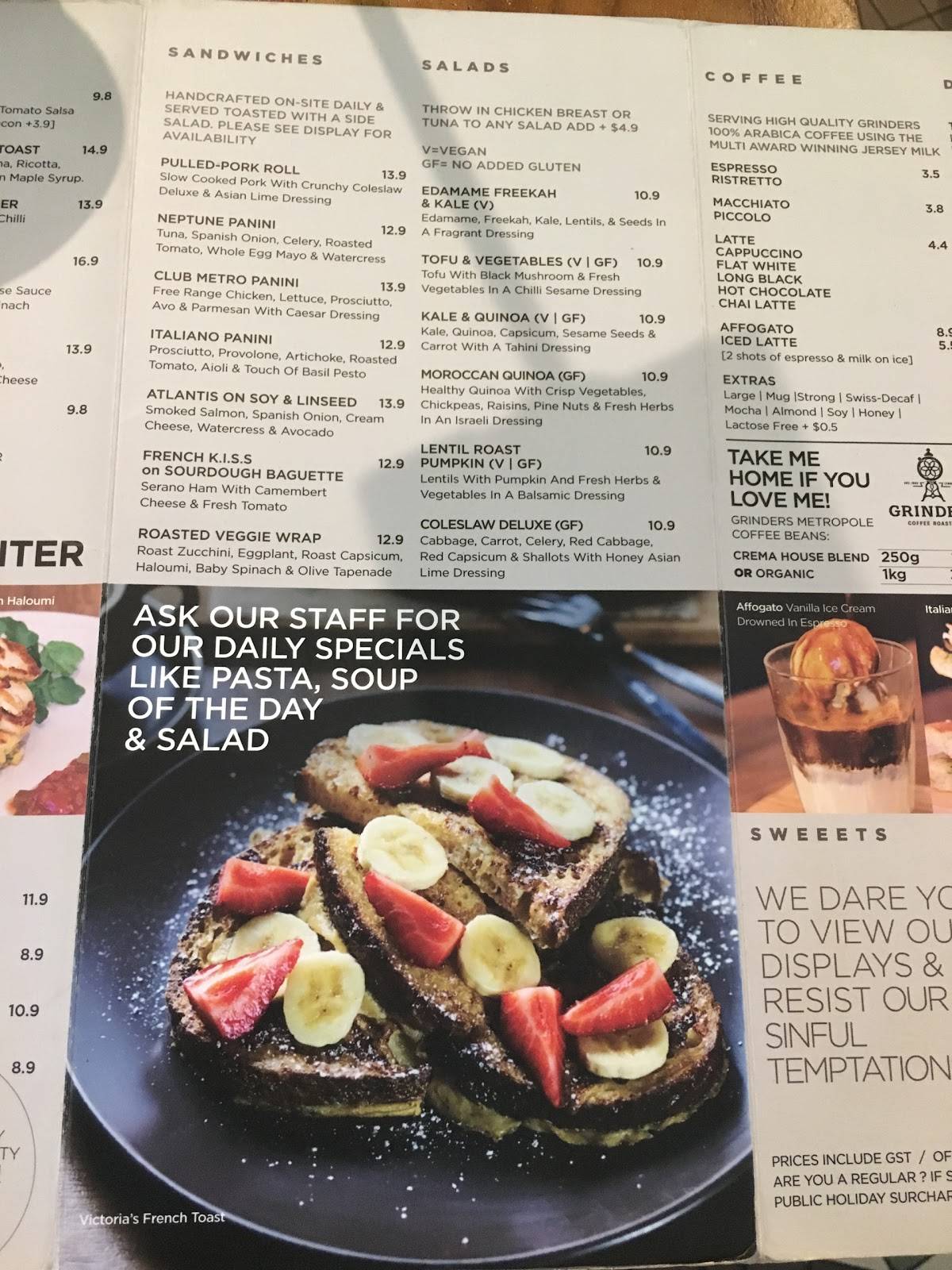 Menu at Metropole Cafe, Sydney
