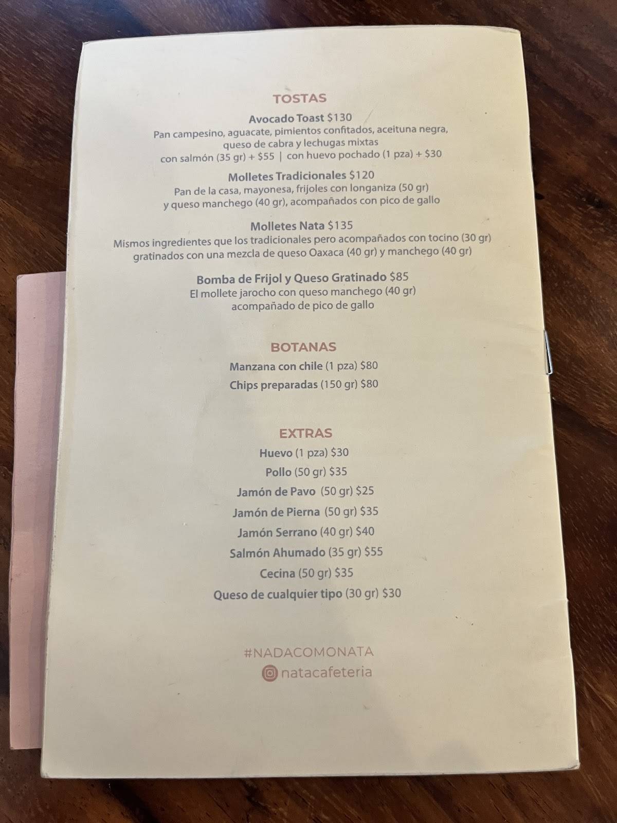 Carta de NATA CAFETERÍA Reforma, Veracruz