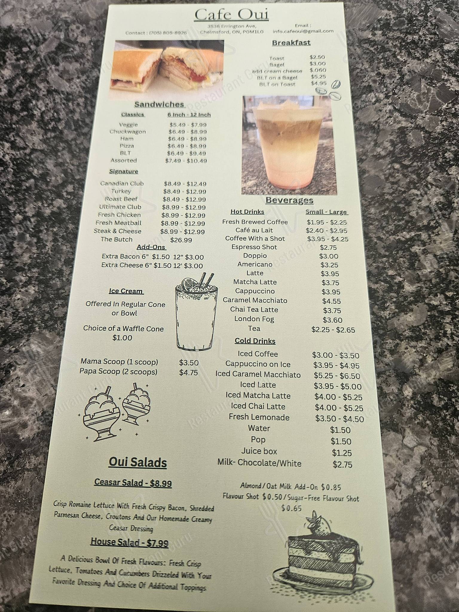 Menu at Café Oui, Sudbury