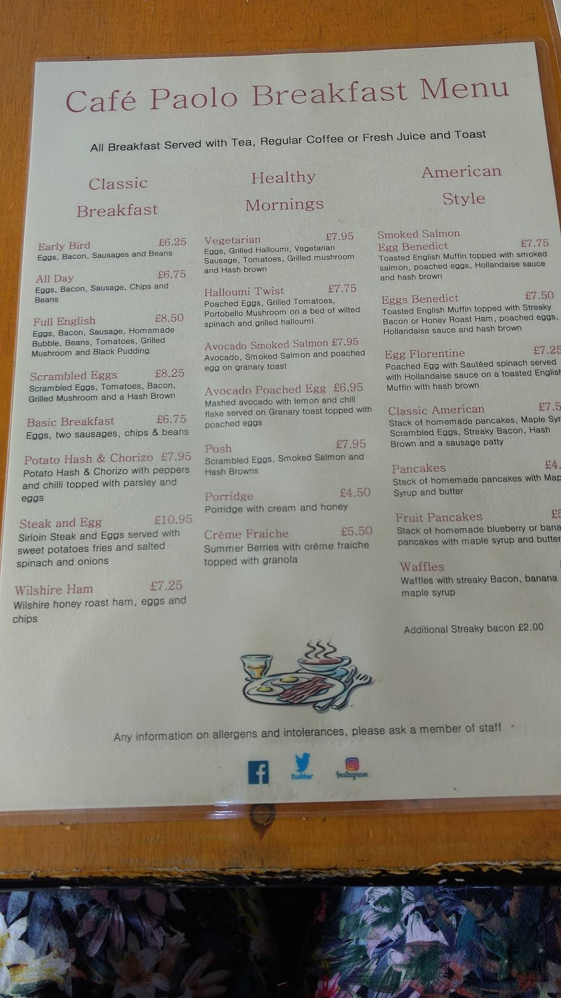 Menu at Café Paolo cafe, London, 1 The Vale