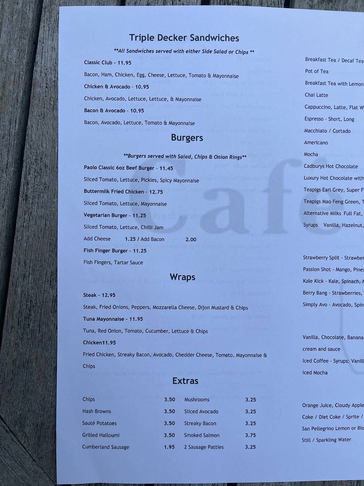 Menu at Café Paolo cafe, London, 1 The Vale