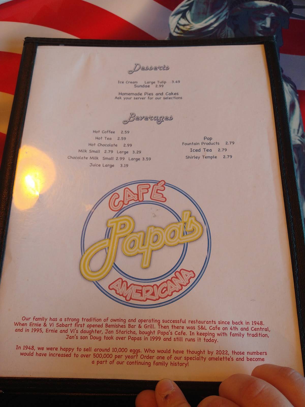 Menu at Papa's Cafe, Minneapolis