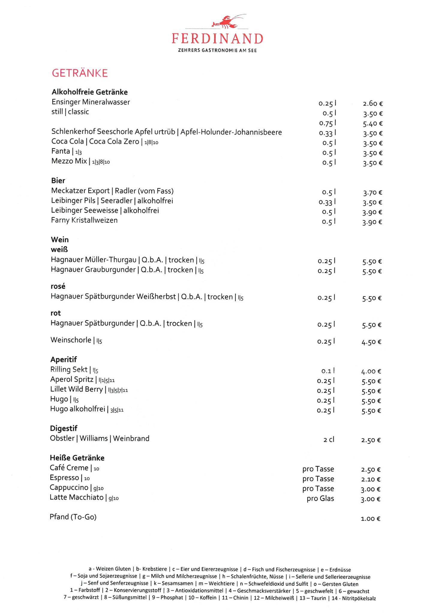 Speisekarte von Restaurant Ferdinand, Friedrichshafen, Olgastrasse 20