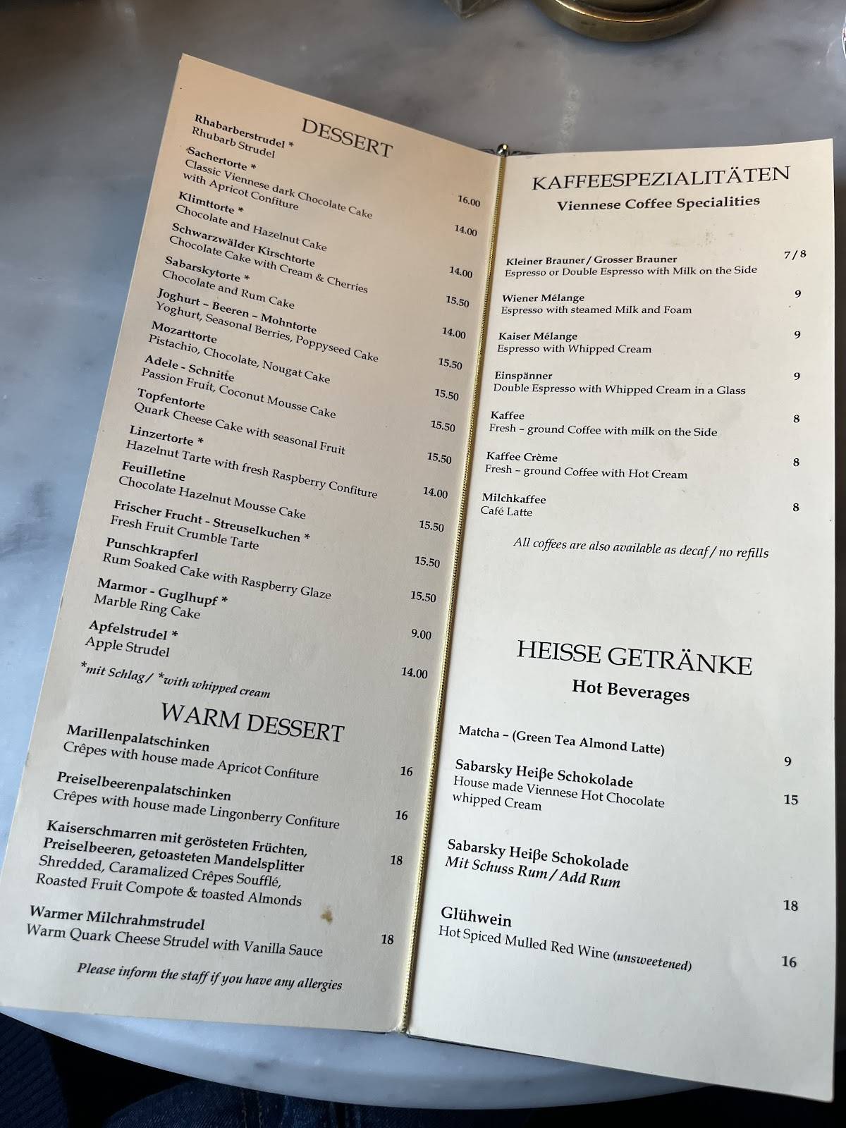 Menu at Café Sabarsky, New York City