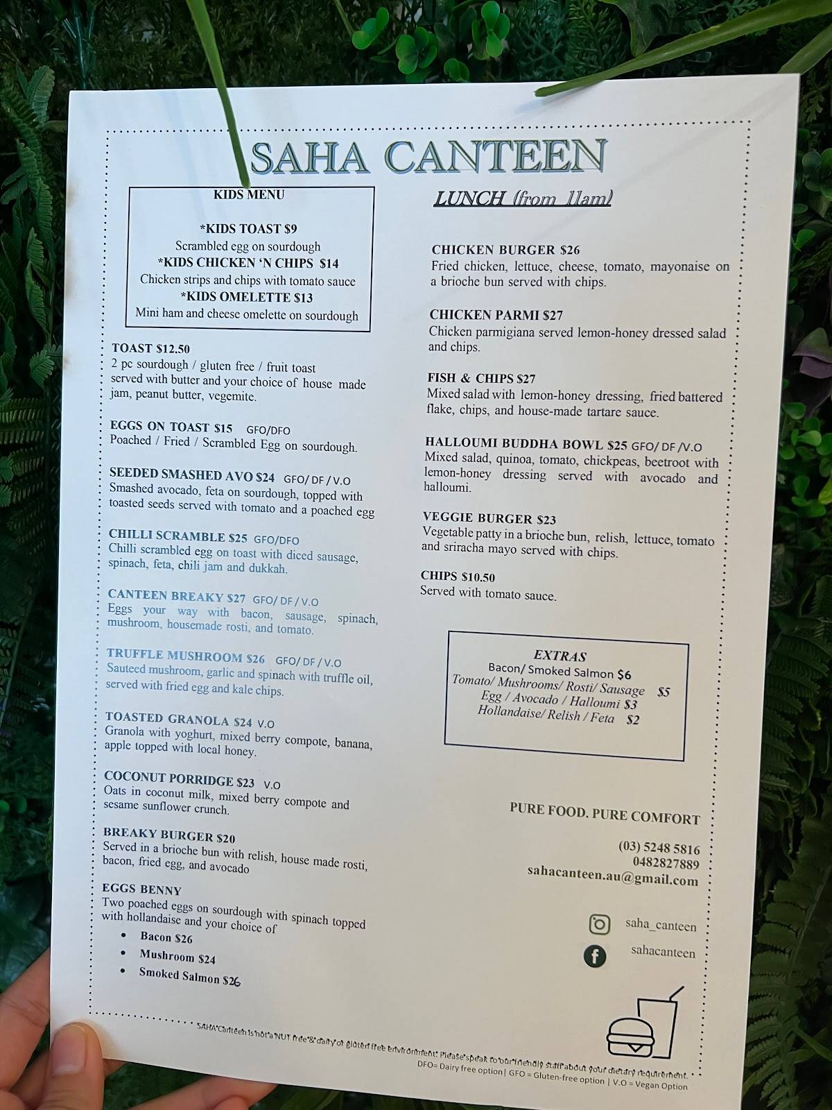 Menu at Saha Canteen cafe, East Geelong