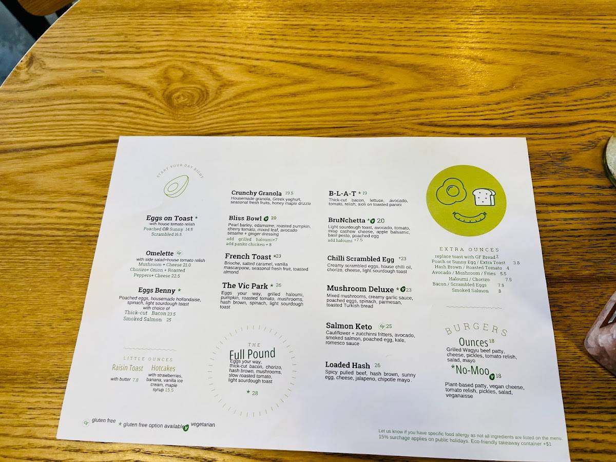 Menu at Sixteen Ounces cafe, Victoria Park