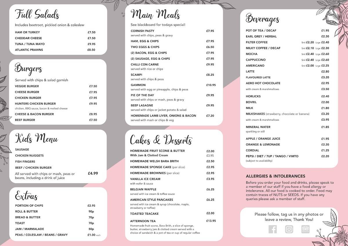 Menu at Take A Break Cafe, Llandudno