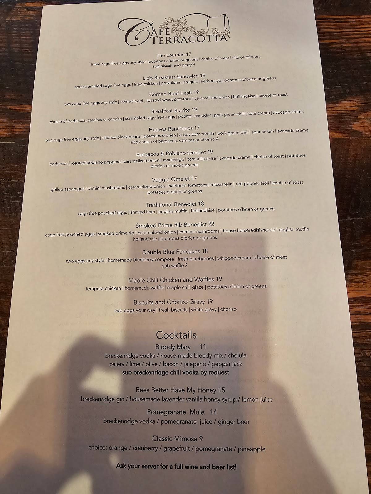 Menu at Cafe Terracotta, Littleton