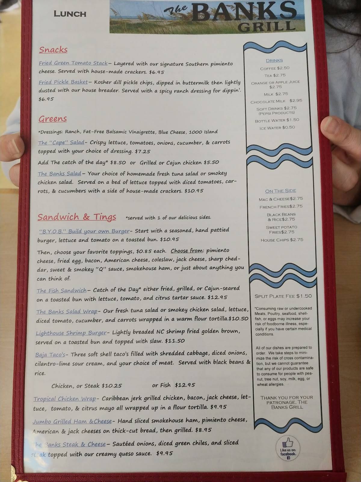 Menu at The Banks Grill cafe, Morehead City
