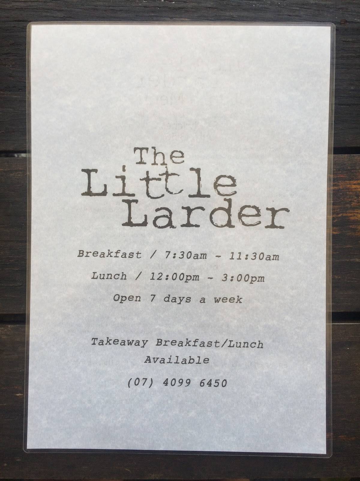 Menu at The Little Larder cafe, Port Douglas