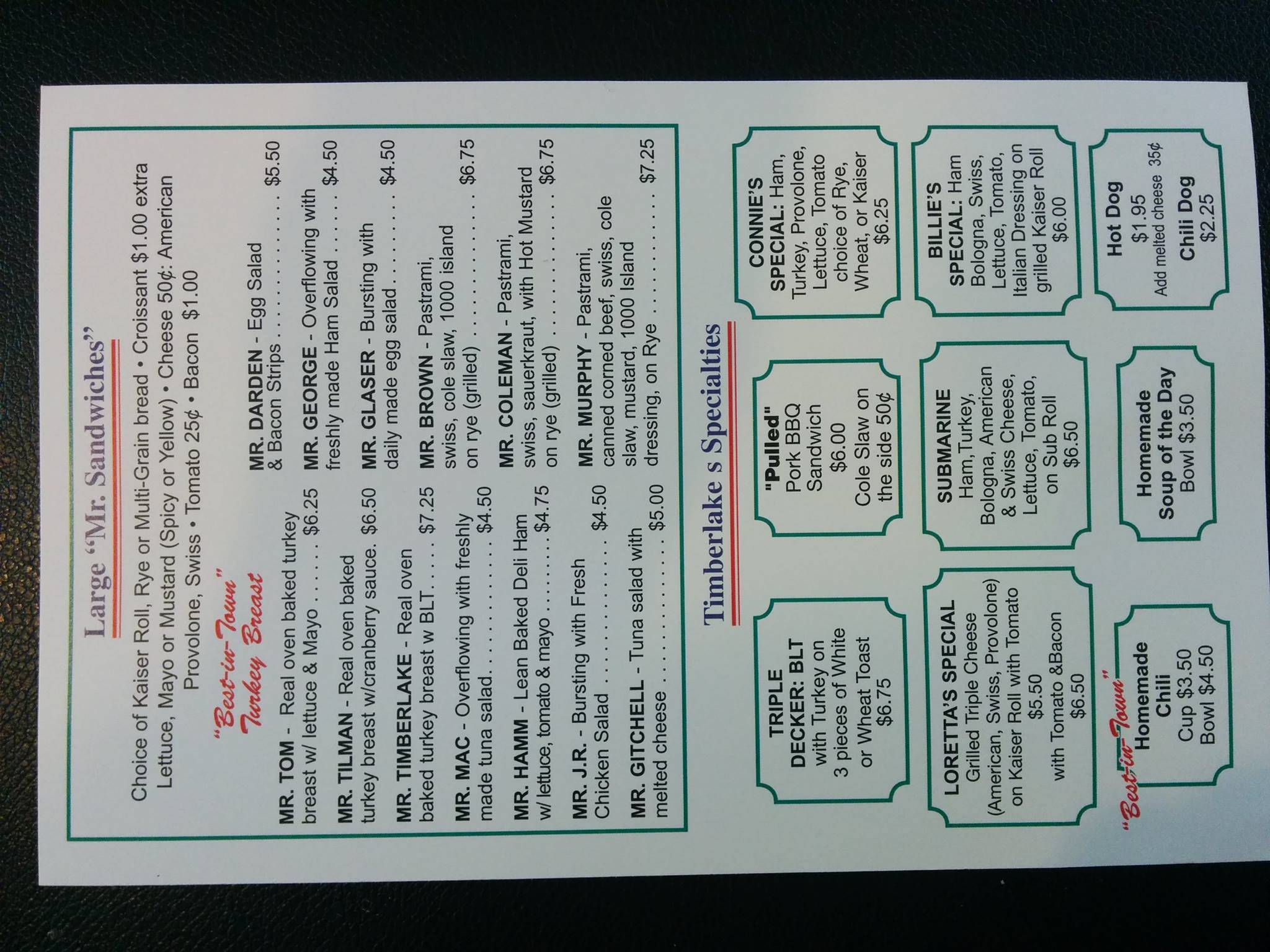 Menu at Timberlakes Drug Store cafe, Charlottesville