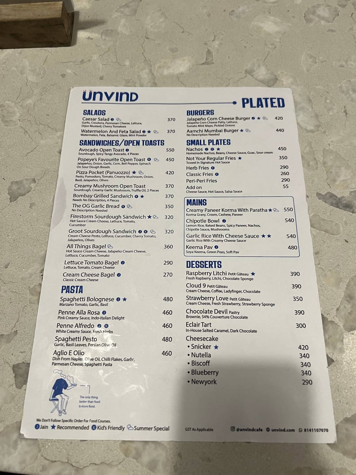 Menu at Unvind Cafe, Surat