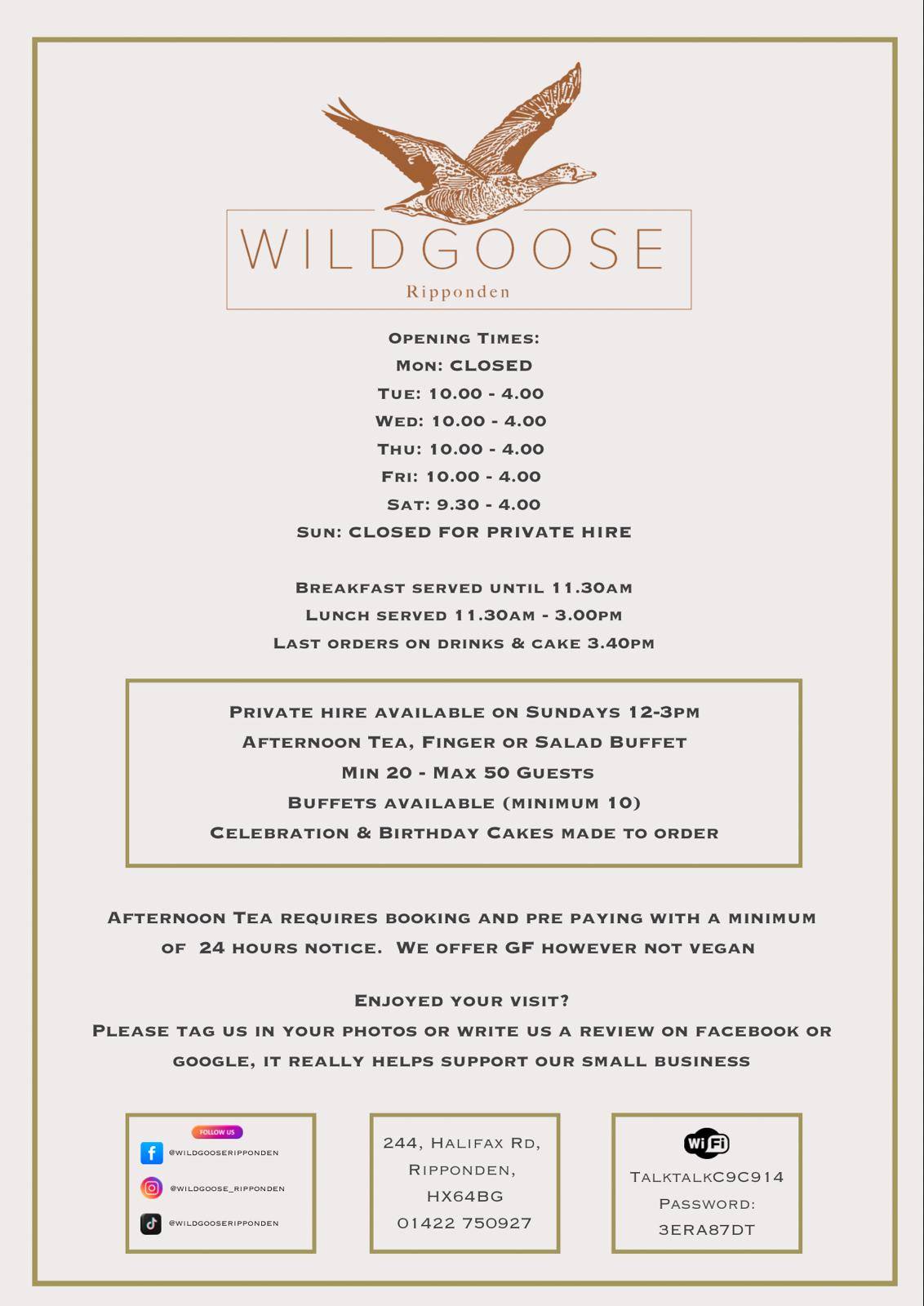 Menu at WILDGOOSE • Ripponden cafe, Sowerby Bridge