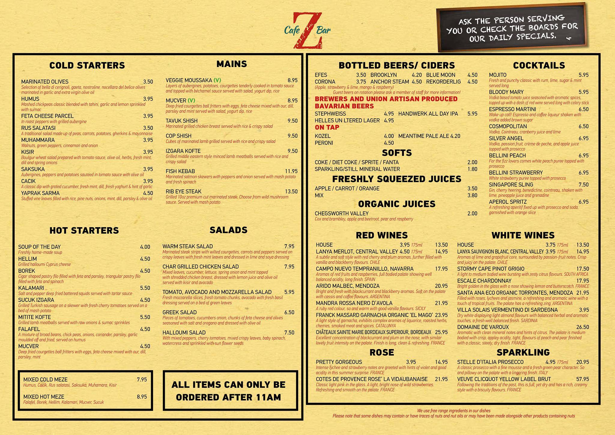 Menu at Cafe Z Bar., London