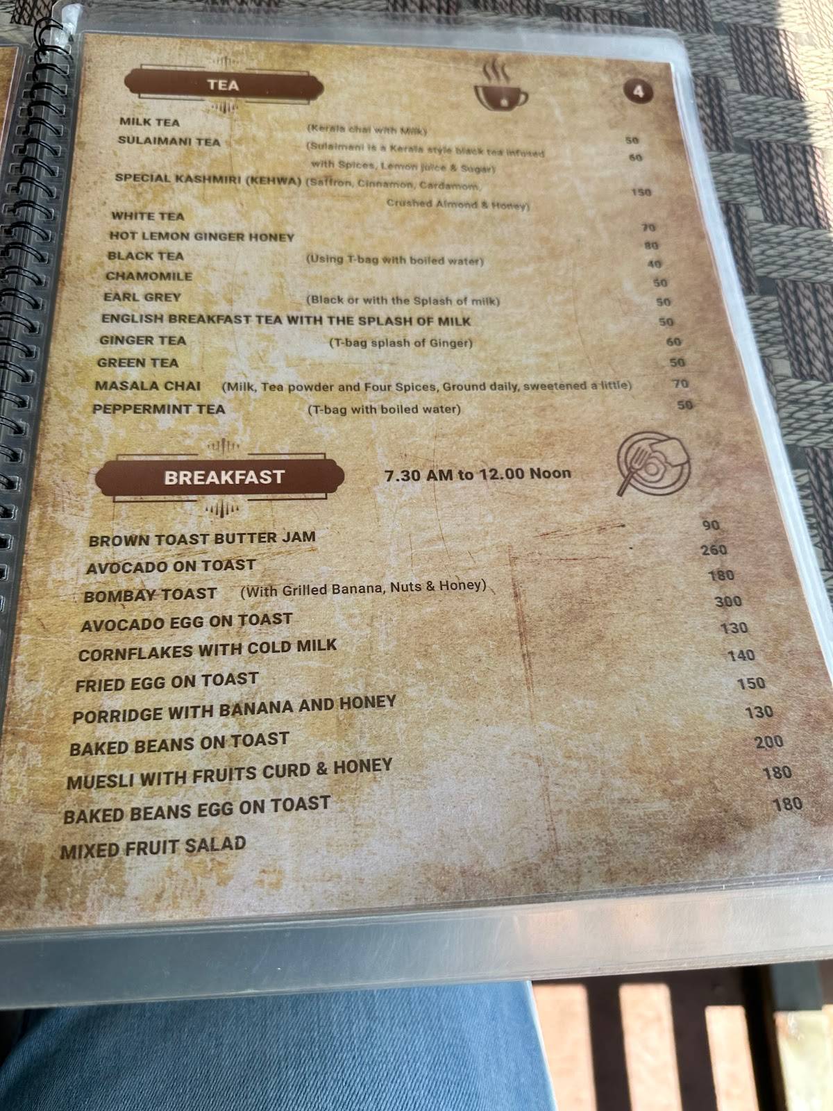 Menu at Cafe del Mar, Varkala