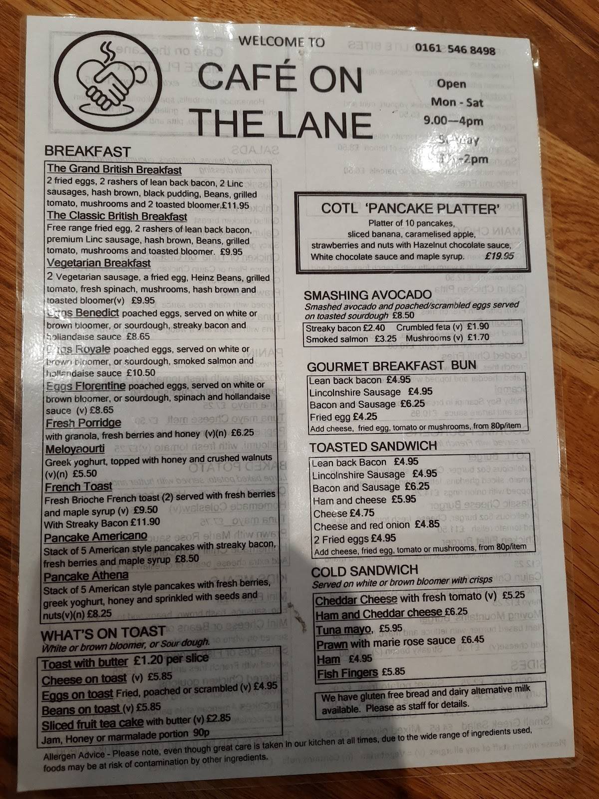 Menu at Cafe on the Lane, Cheadle