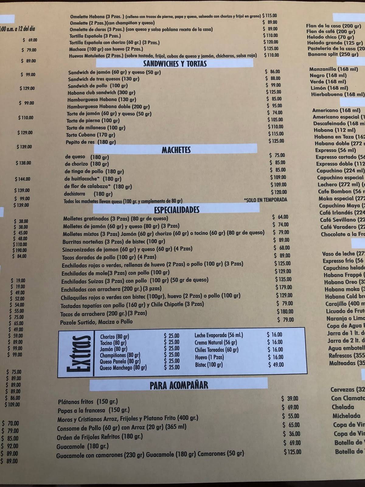 Carta de Café La Habana, Ciudad de México, Calle Isabel La Catolica 146 ...
