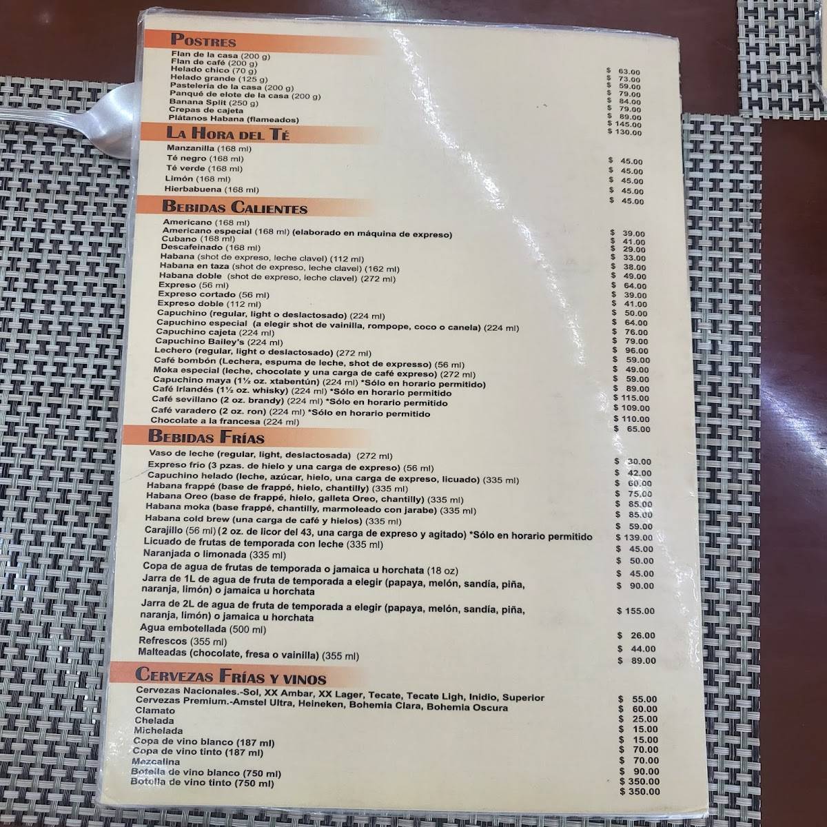 Menu at Café La Habana, Mexico City, Av. Morelos 62