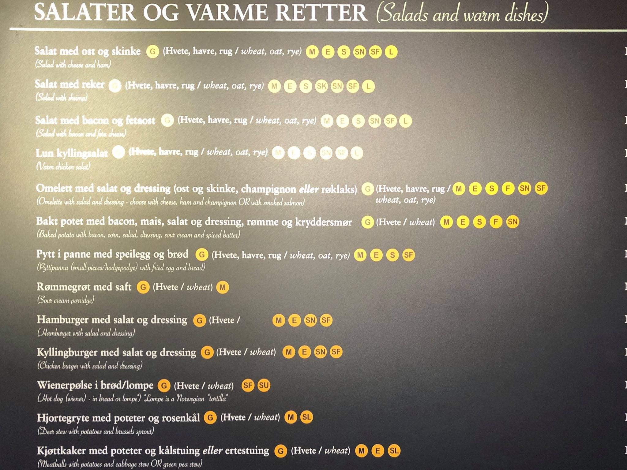 Menu at Krøderen Kro & Motell, Norway