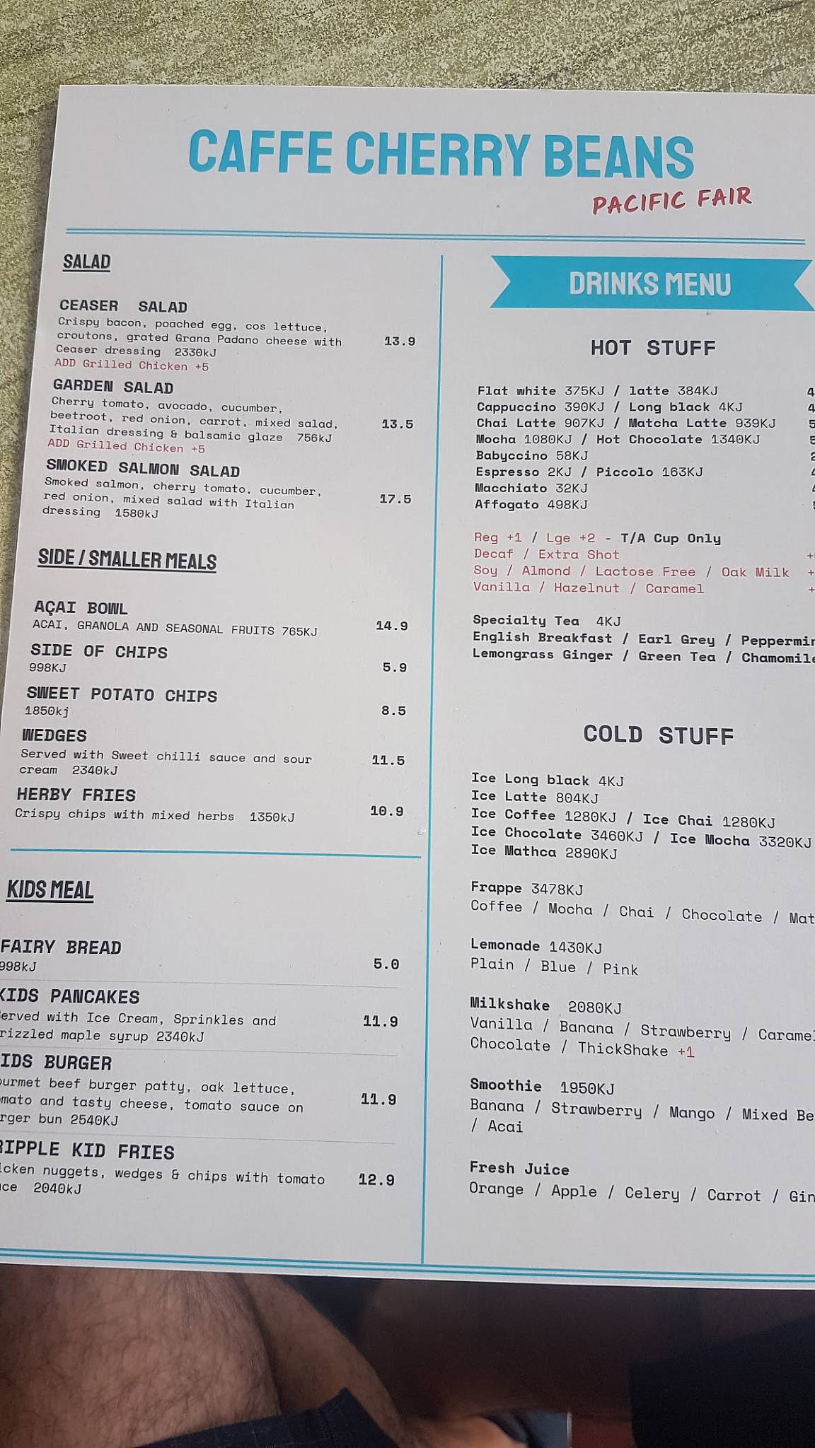 Menu at Caffe Cherry Beans cafe, Broadbeach Waters, Pacific Fair