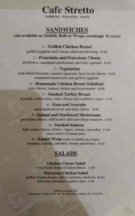 Menu at Café Stretto cafe, Sydney, St James Centre